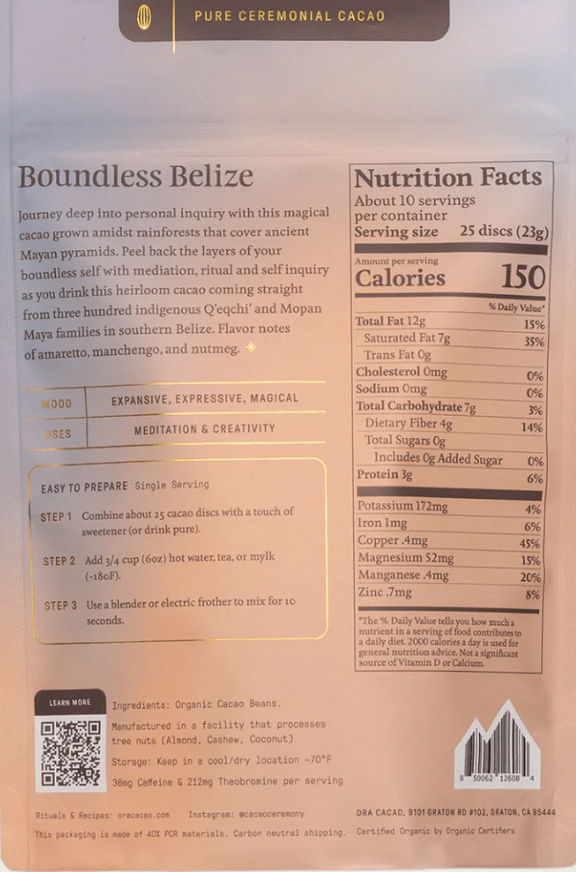 Ora Organic Boundless Belize 100% Cacao - Organic Ceremonial Chocolate ...